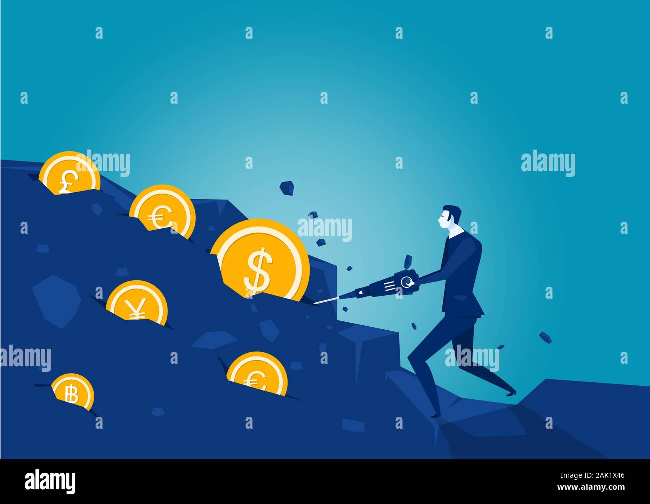 illustrator Businessman digging tool in the rock with coin vector Stock ...