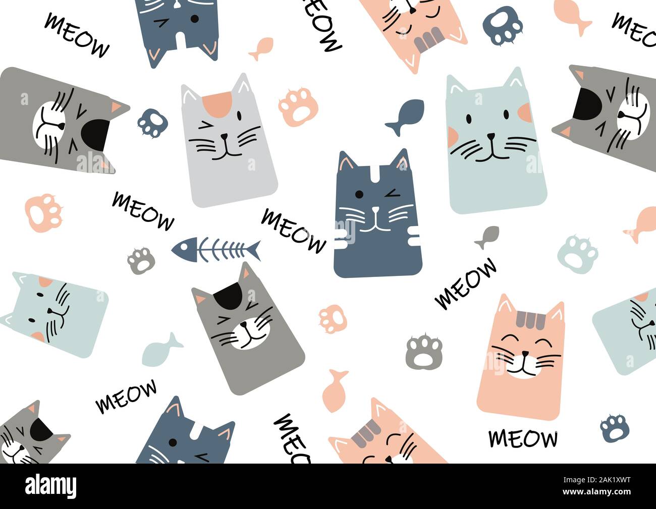 Cat pattern. Seamless texture of different cute kittens on whit ...
