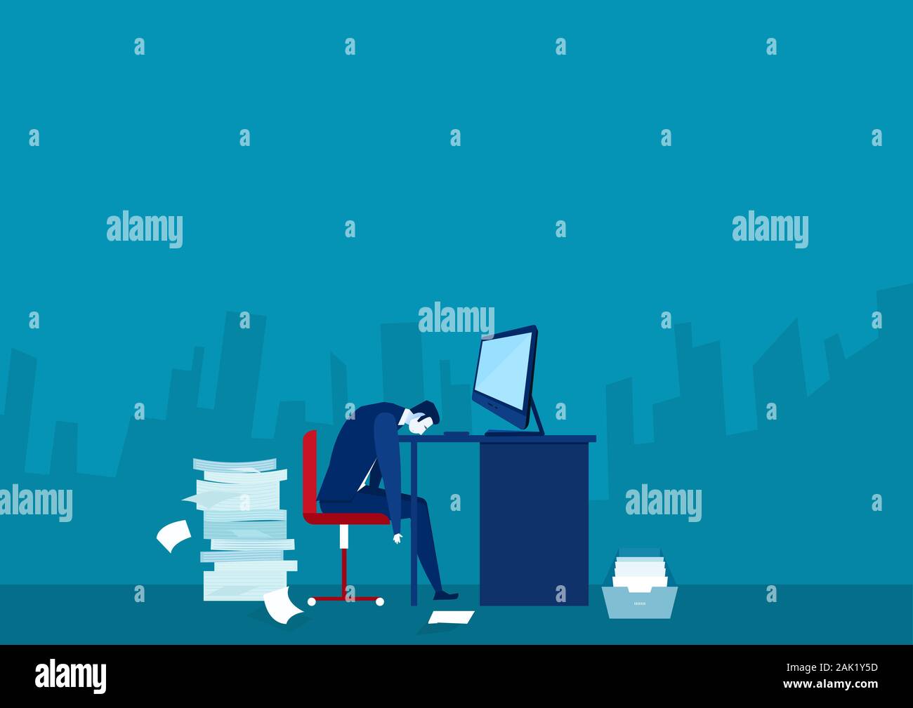 Busy overworked man sleeping at table with laptop and pile of papers on ...