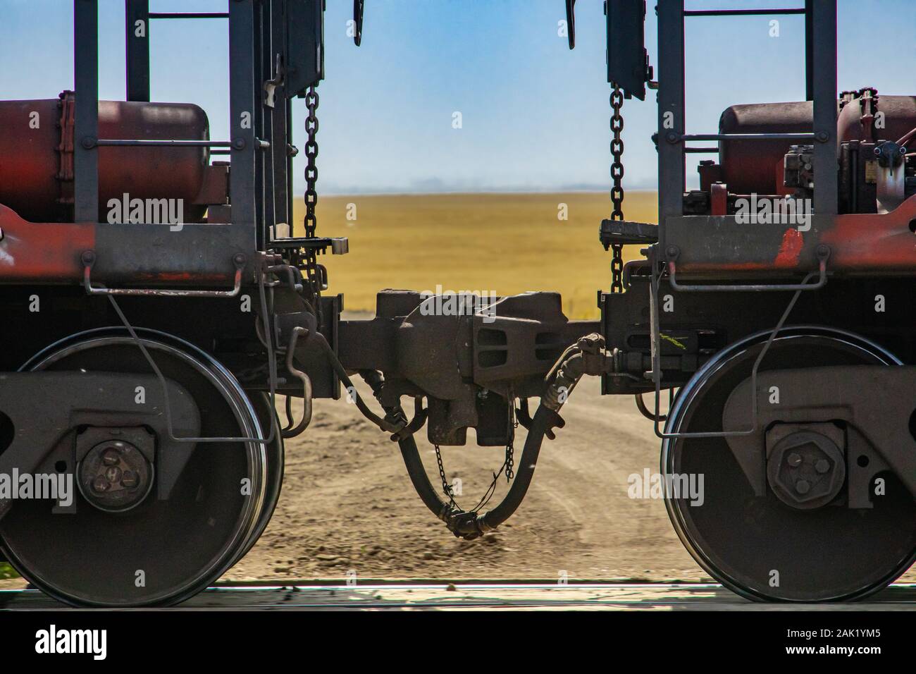 Close up of train coupler connecting two wagons of a Canadian freight ...