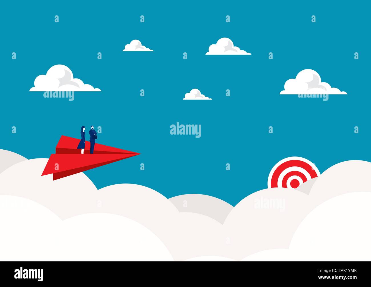 Two business standing on red paper plane flying on sky go to success ...