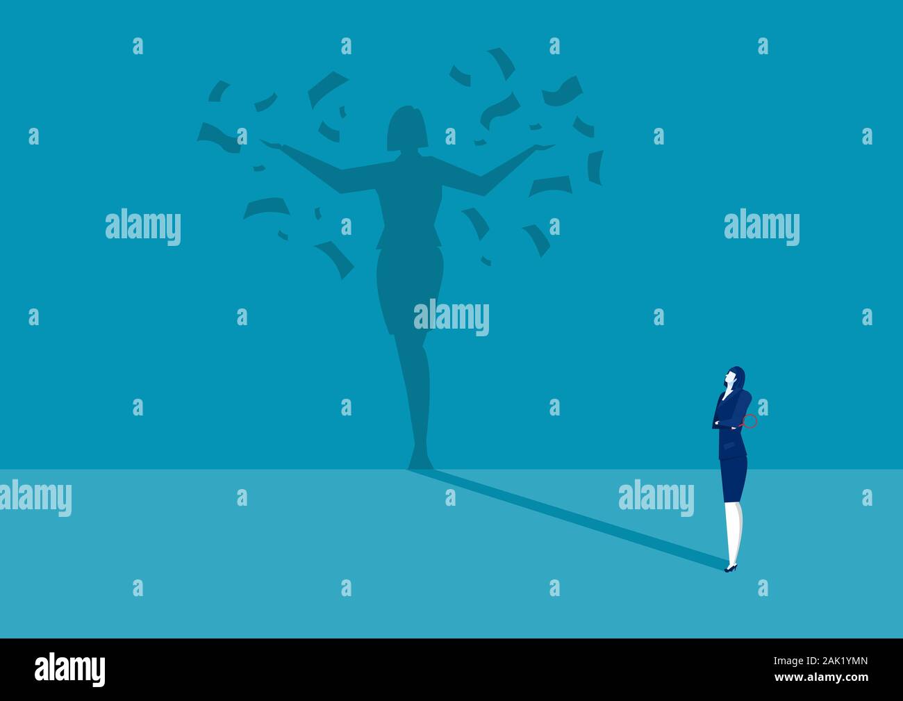 business woman looking her shadow under money rain success concept ...