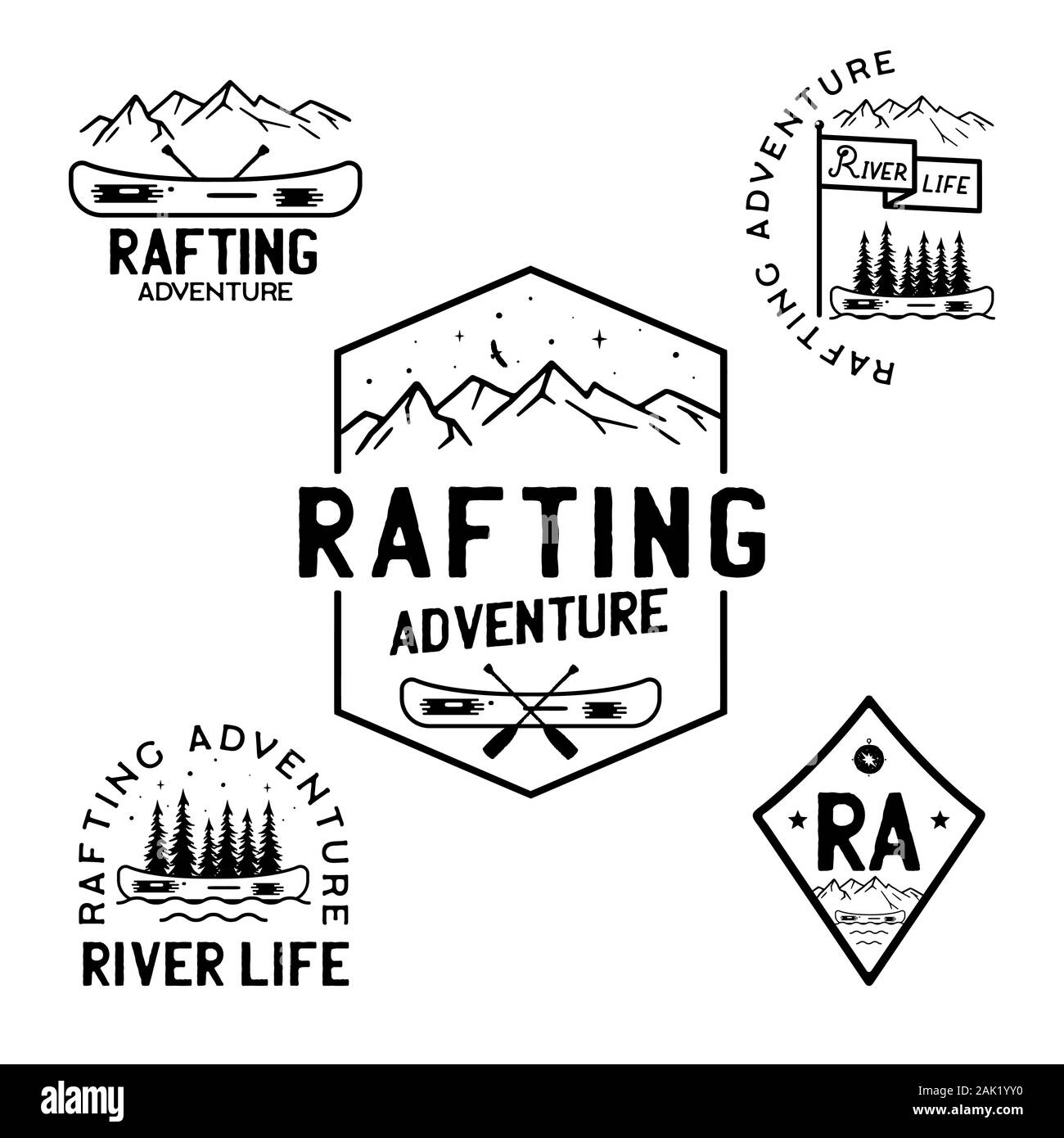Vintage rafting adventure logos, mountain camp badges set. Hand drawn ...