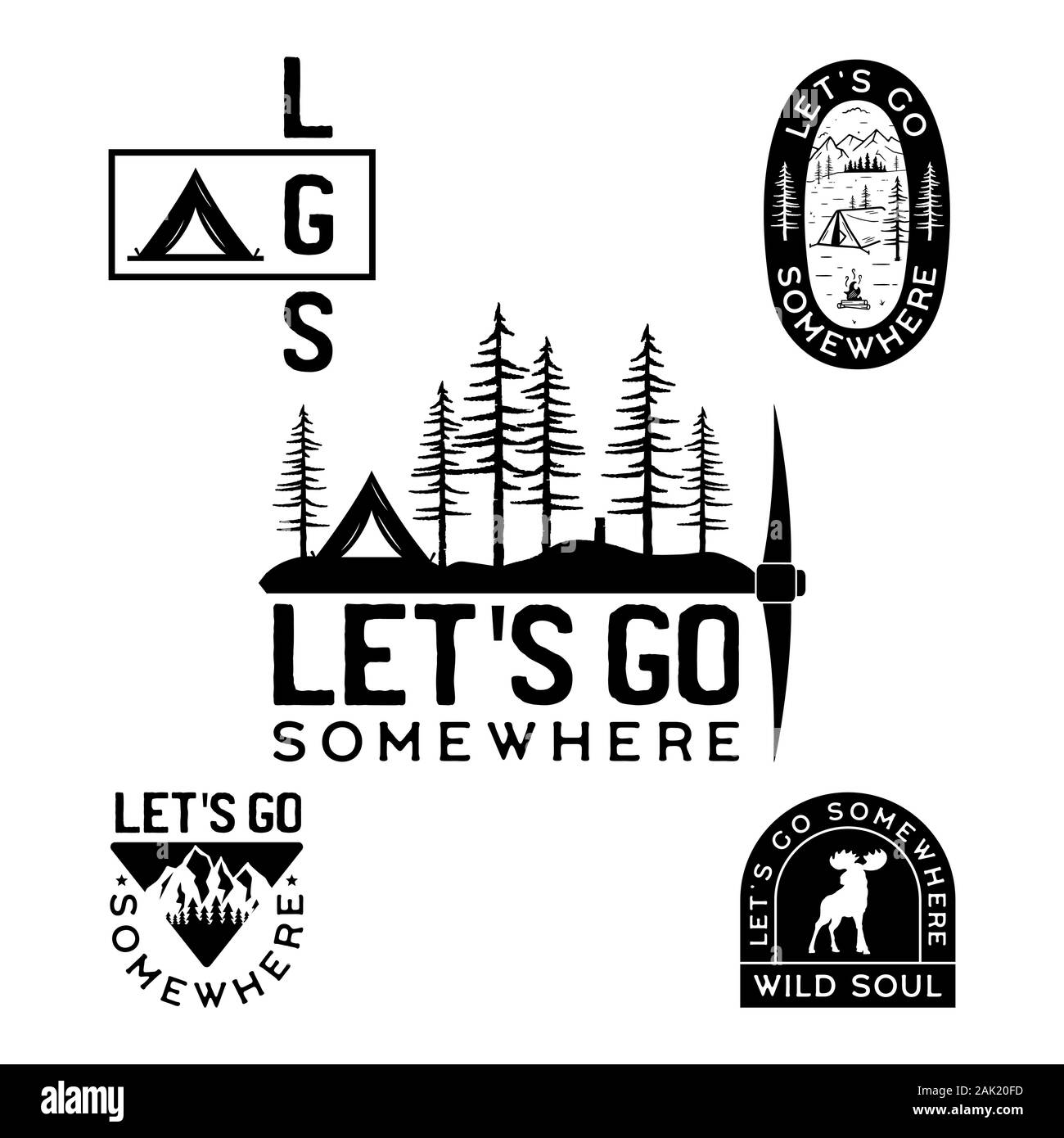 Vintage camp logos, mountain badges set. Hand drawn labels designs ...