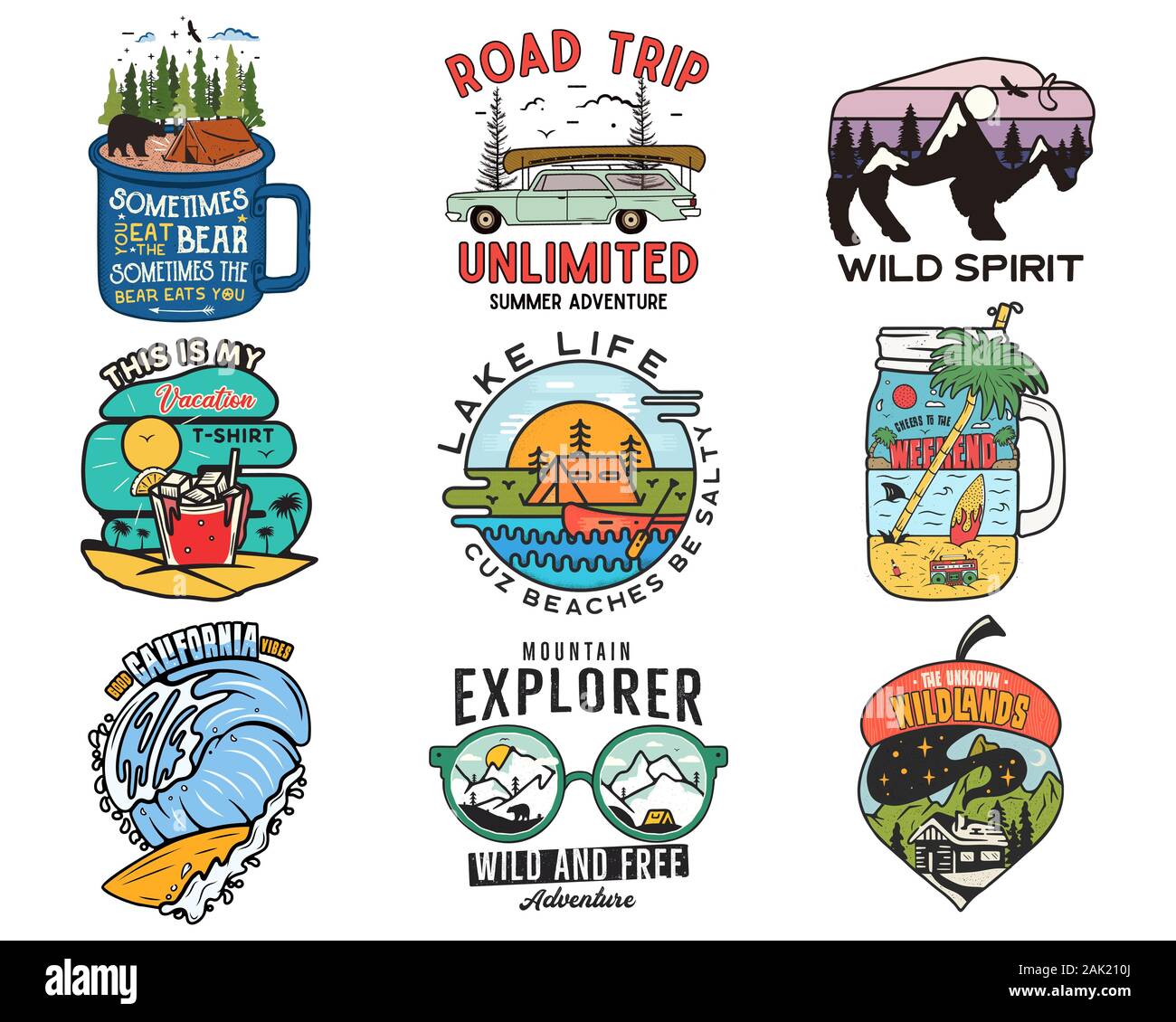 Vintage travel logos, vacation patches set. Hand drawn camping labels ...