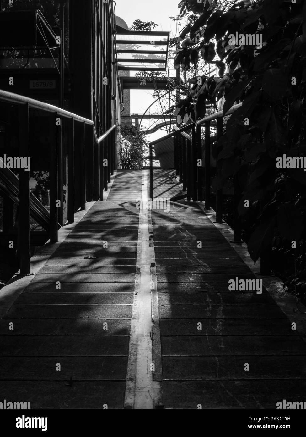 Narrow concrete walkway ramp up to higher floor between plant and ...