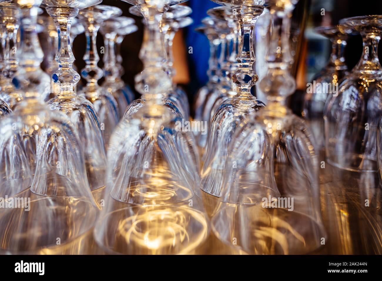 Crystal glass goblet upside down, a lot of Stock Photo - Alamy