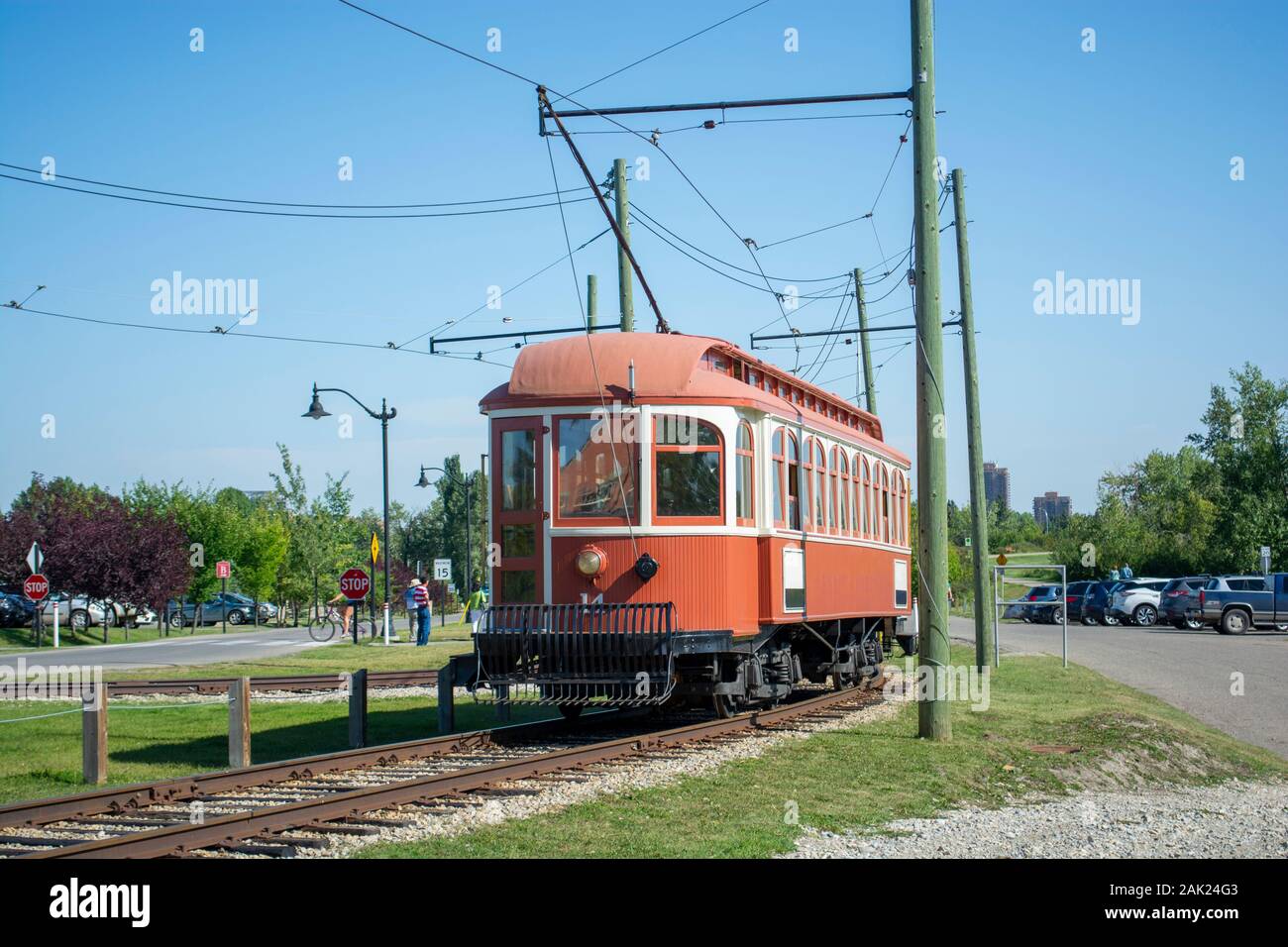 Historic trolley transit train running with passengers Stock Photo - Alamy