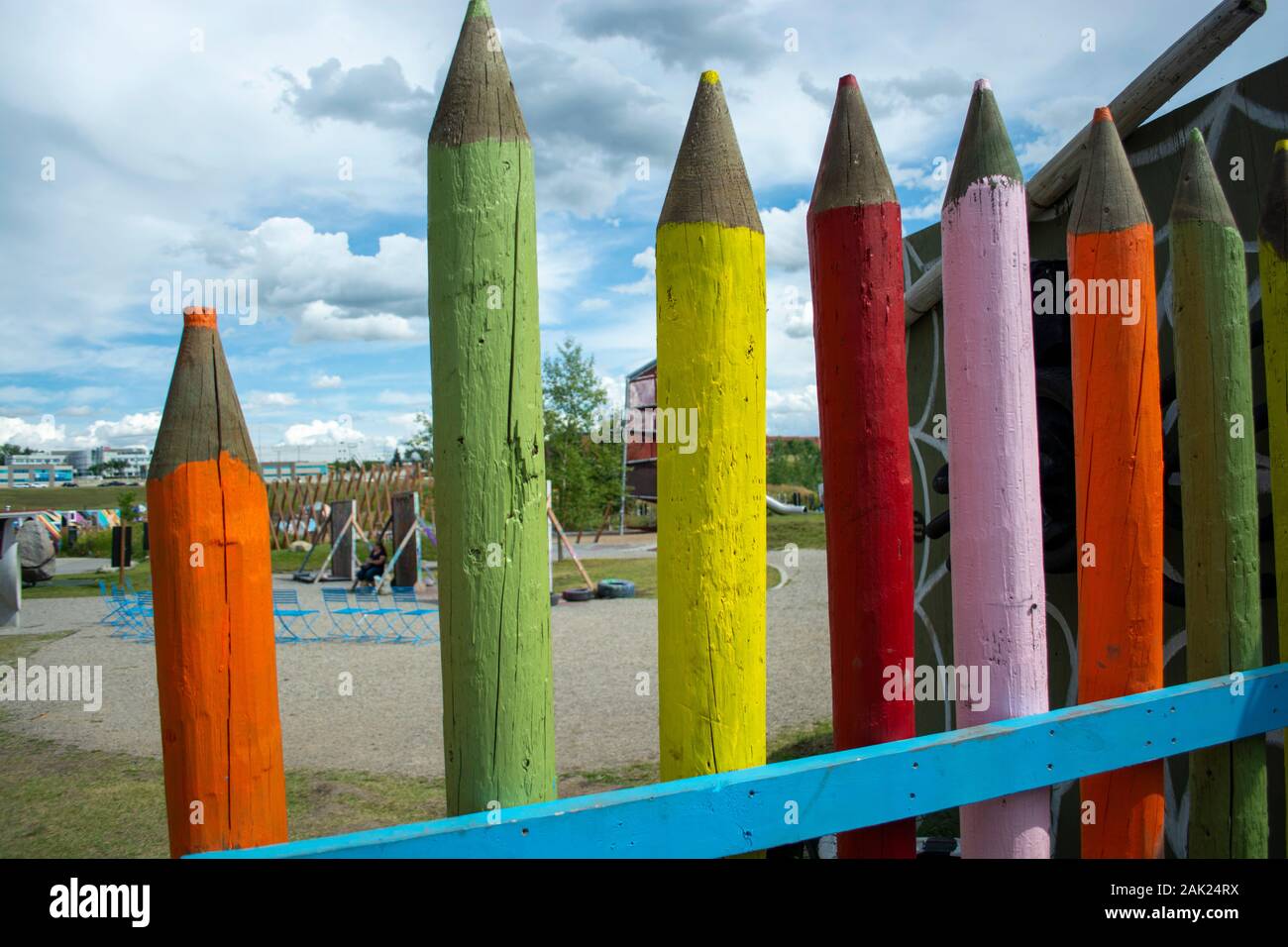 Pencil Crayon wood fence public artwork outdoors Stock Photo - Alamy