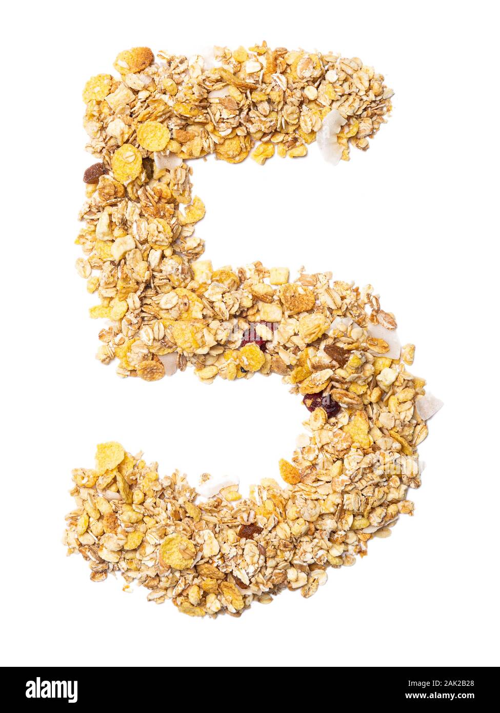Arabic numeral "5" from muesli with coconut, berries, raisins, cereal ...