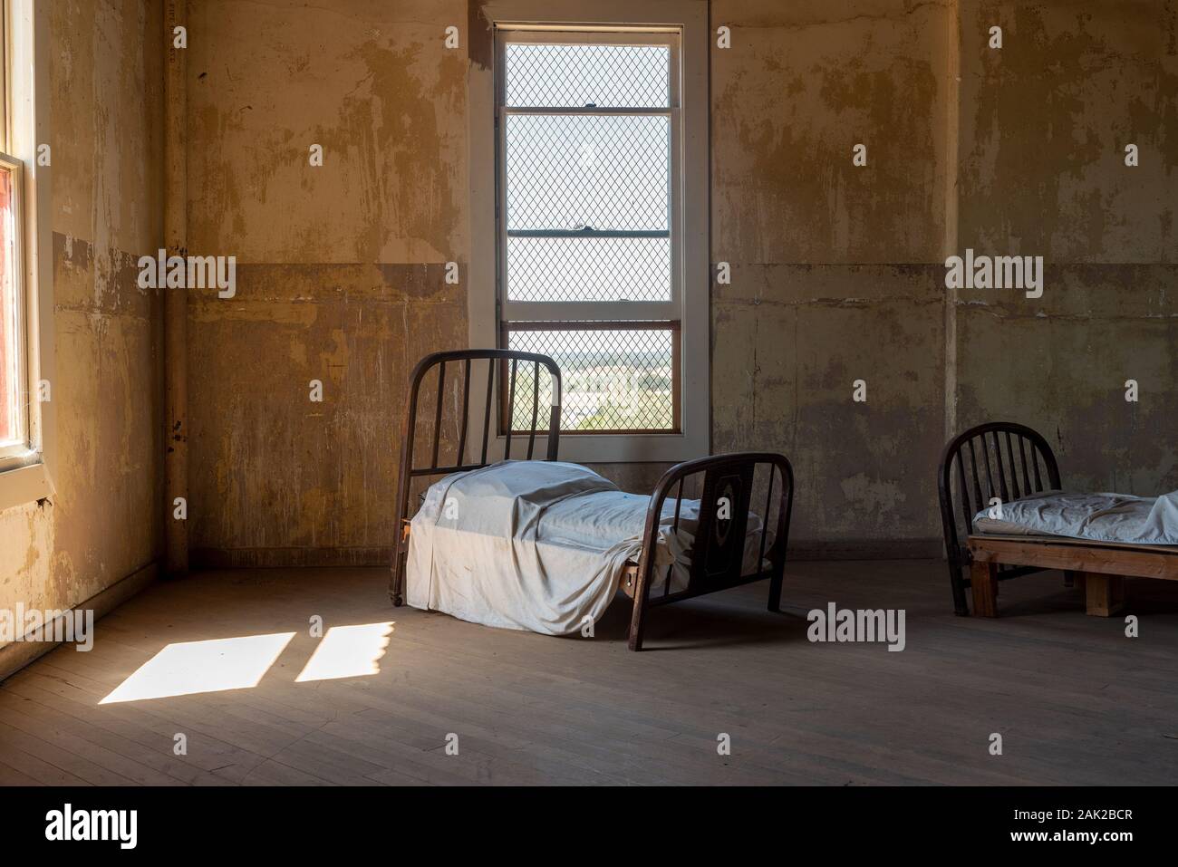 Dormitory in abandoned room, Preston Castle School of Industry. The ...