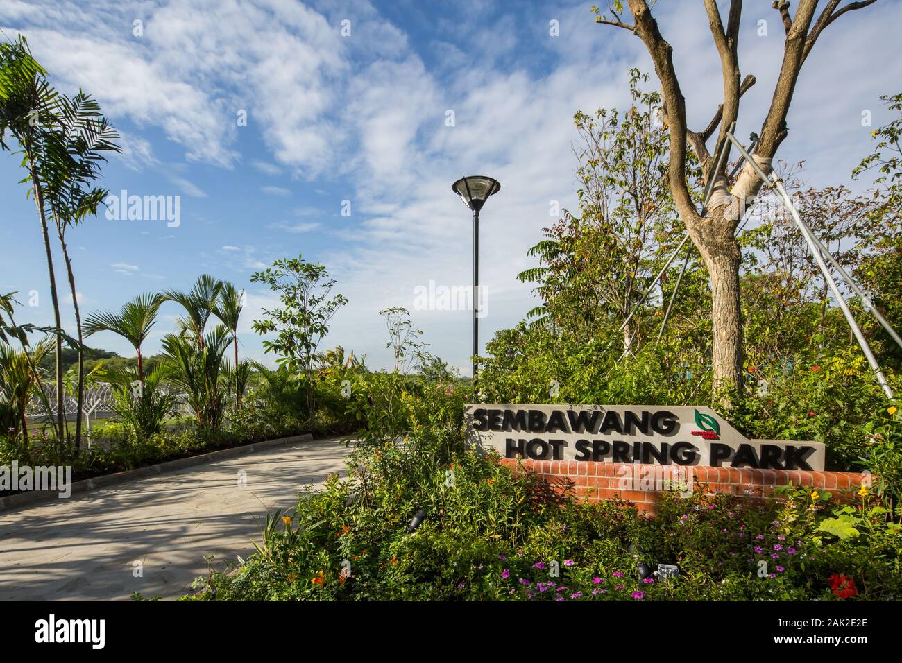 Entrance signage and walkway to Sembawang Hot Spring Park, Singapore ...