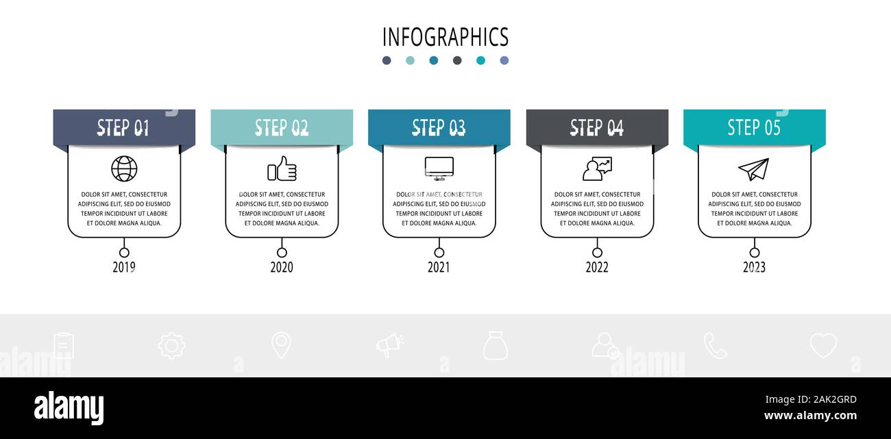Vector infographic flat template. Rectangles for five diagrams, graph, flowchart, timeline ...
