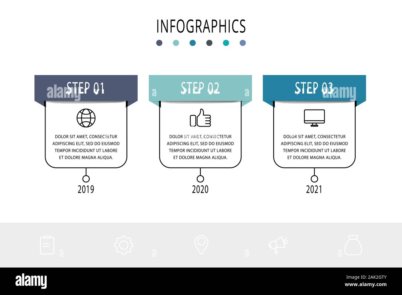 Vector infographic flat template. Rectangles for three diagrams, graph, flowchart, timeline ...
