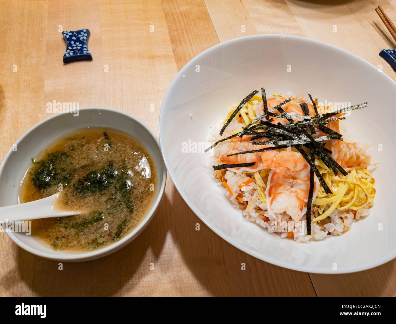 Close up shot of the cooking process of the Japanese style Chirashi ...