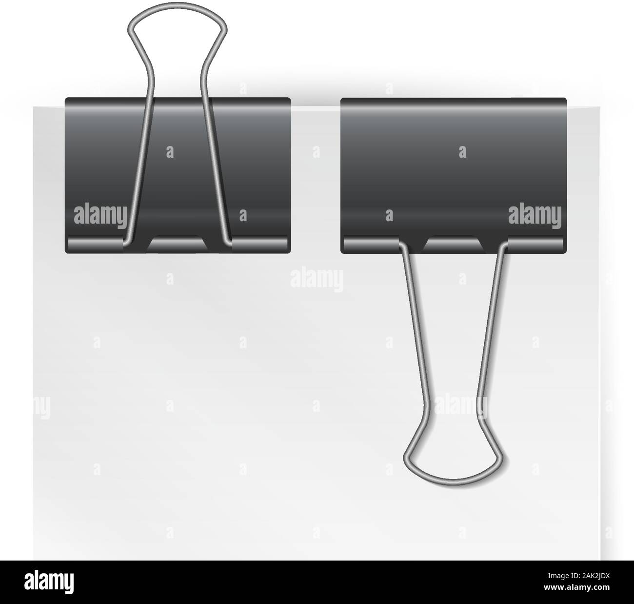 White paper note with two black metal binder clips. Realistic vector ...