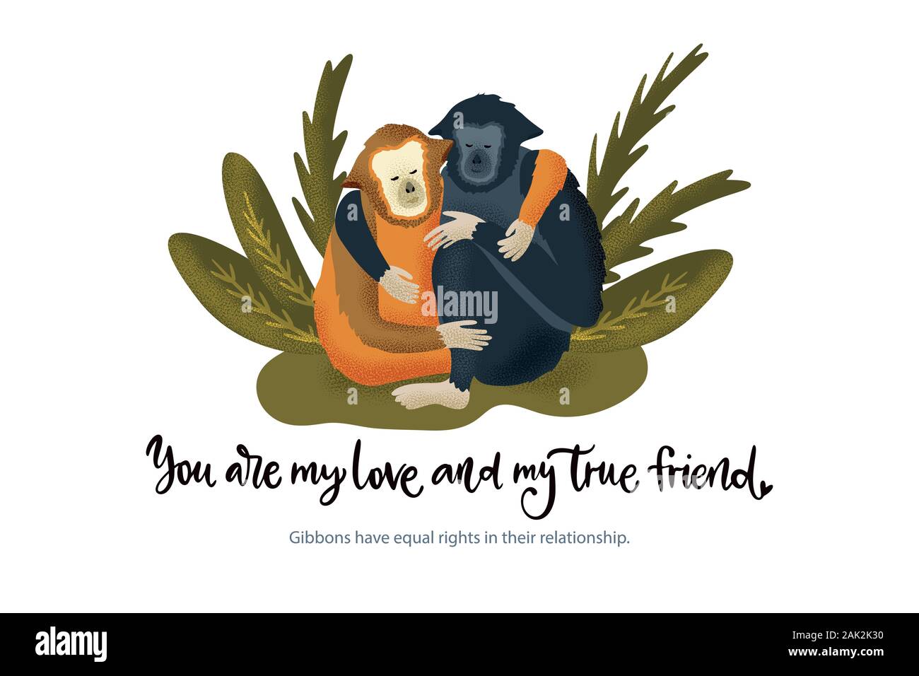 Happy valentine day vector textured gibbon animal card in a flat style ...