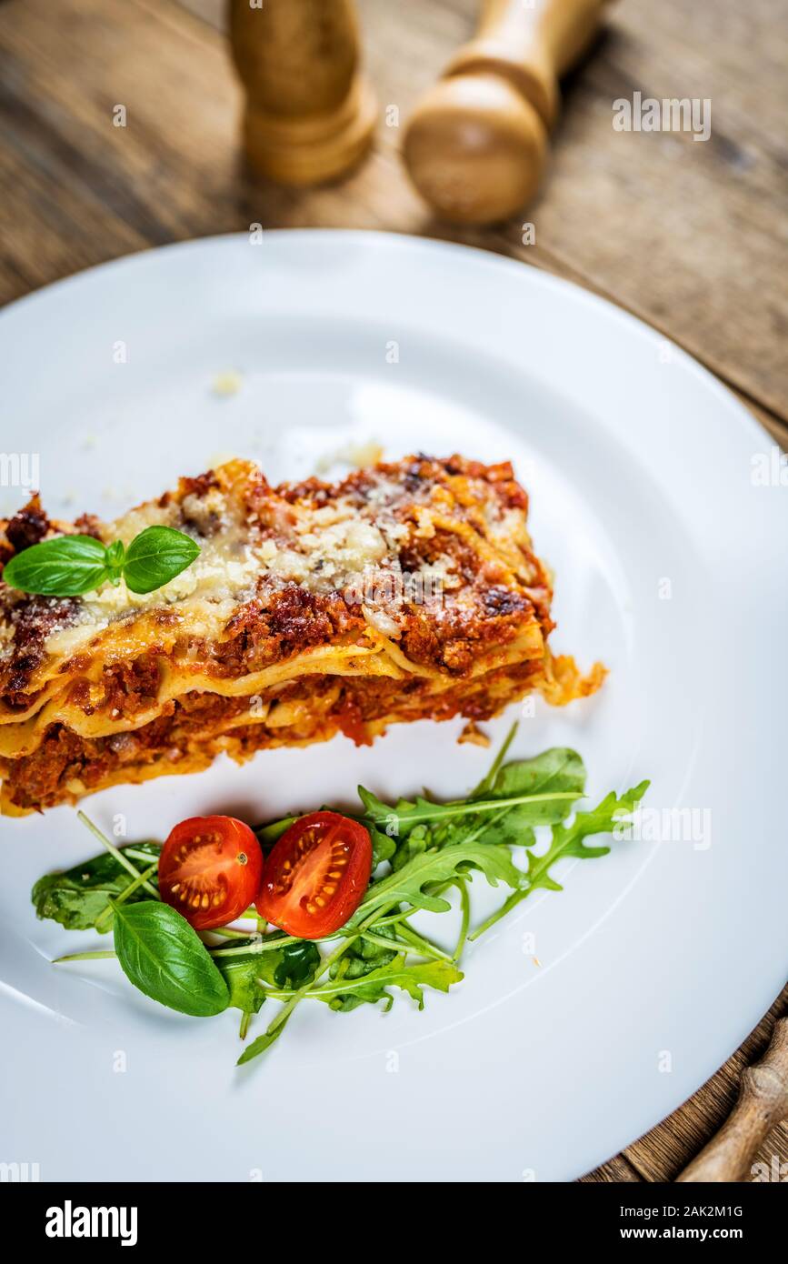 Traditional Italian pasta lasagne with minced meat, tomato and parmesan ...