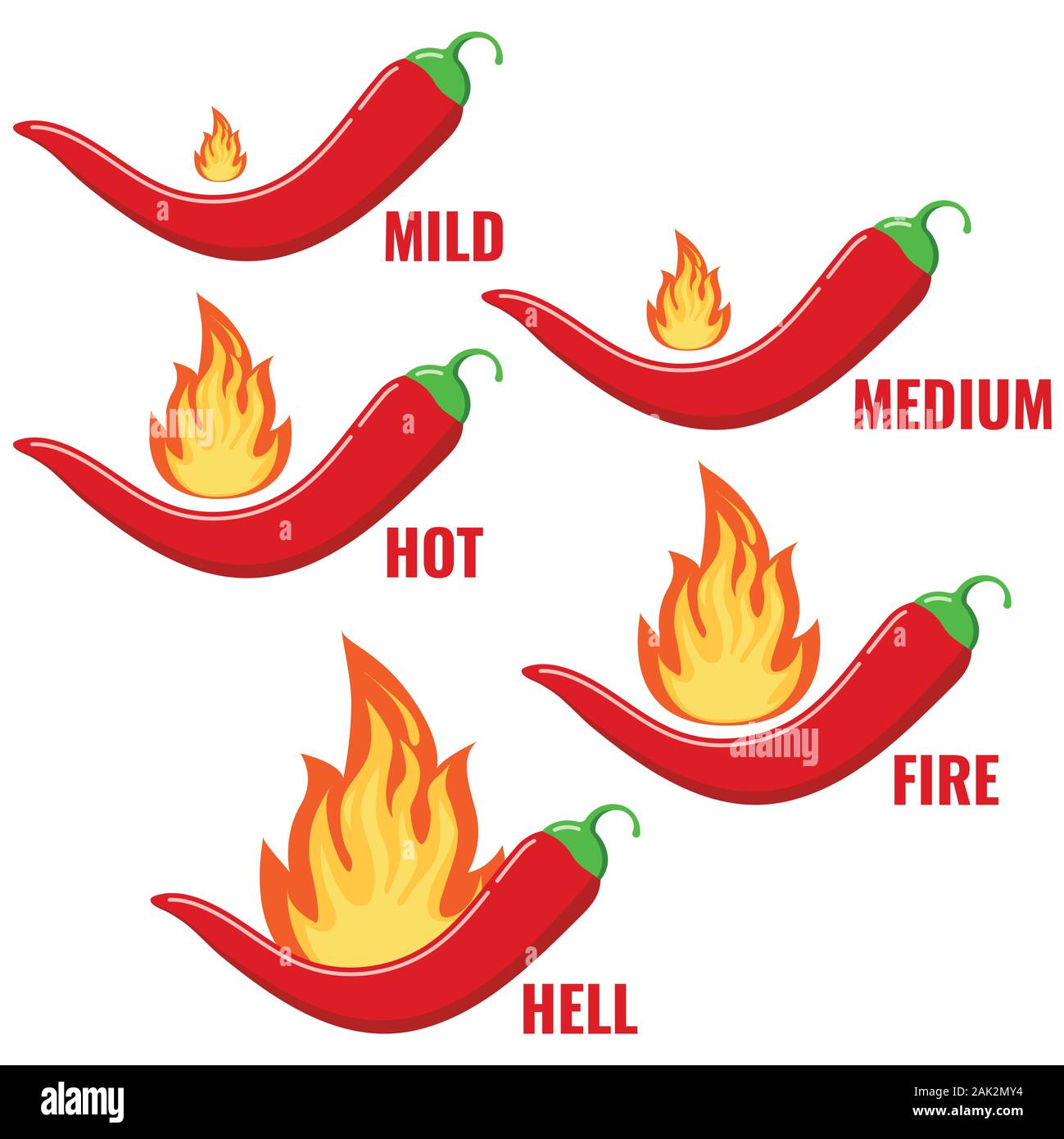 Red chilli pepper in fire flame icon vector set isolated on white ...