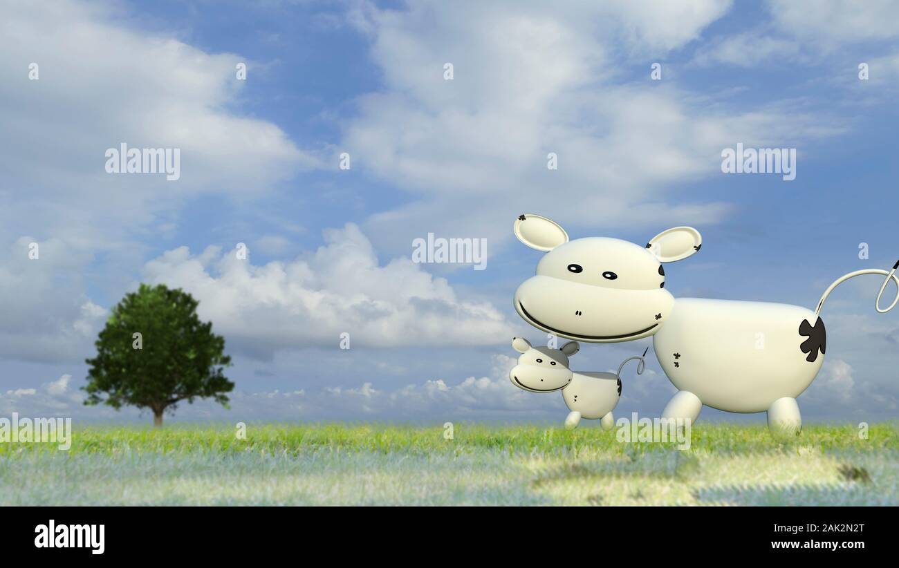 The 3d rendering of Cow. A beautiful cow in a green field or pasture ...