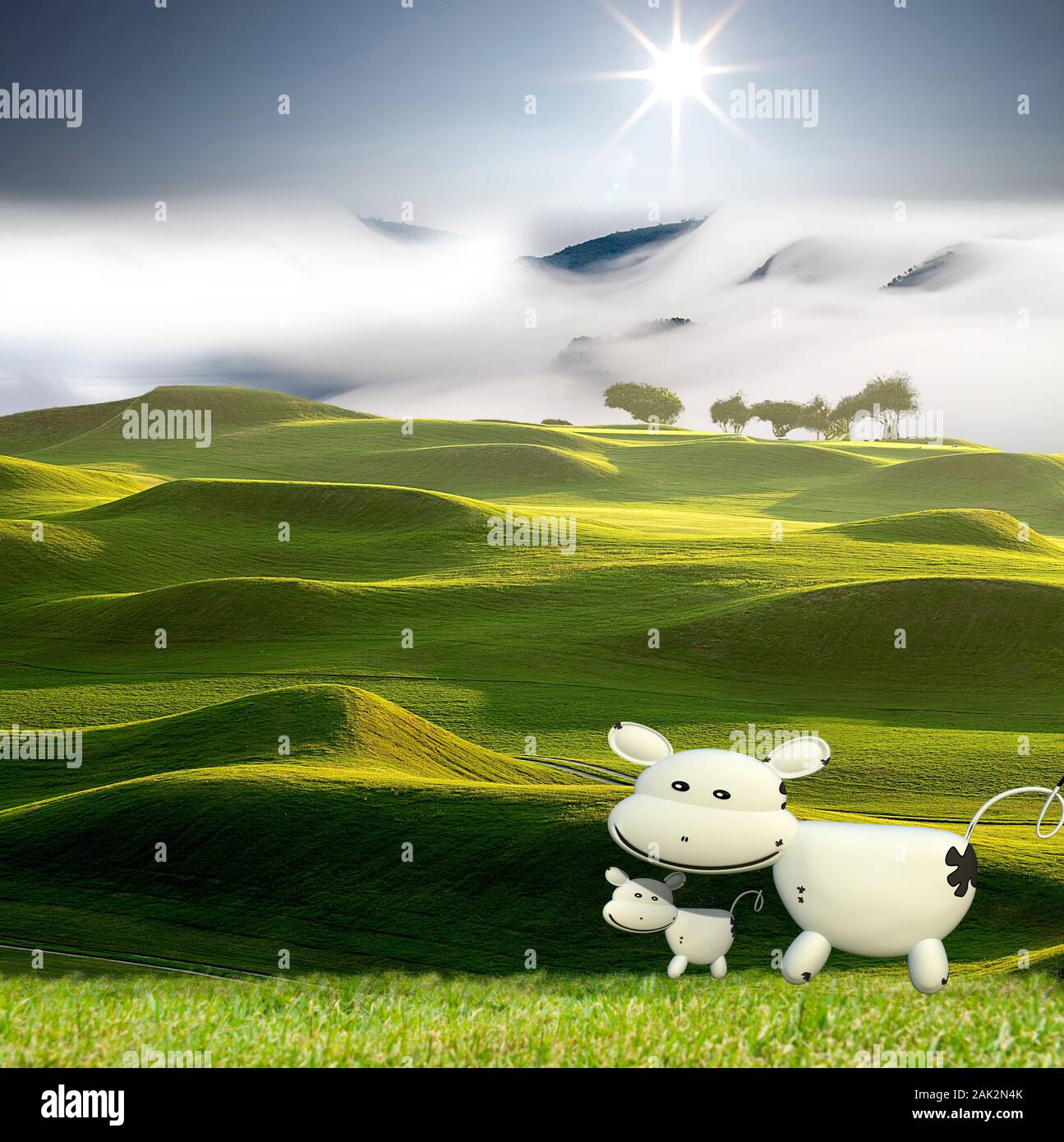 The 3d rendering of Cow. A beautiful cow in a green field or pasture ...