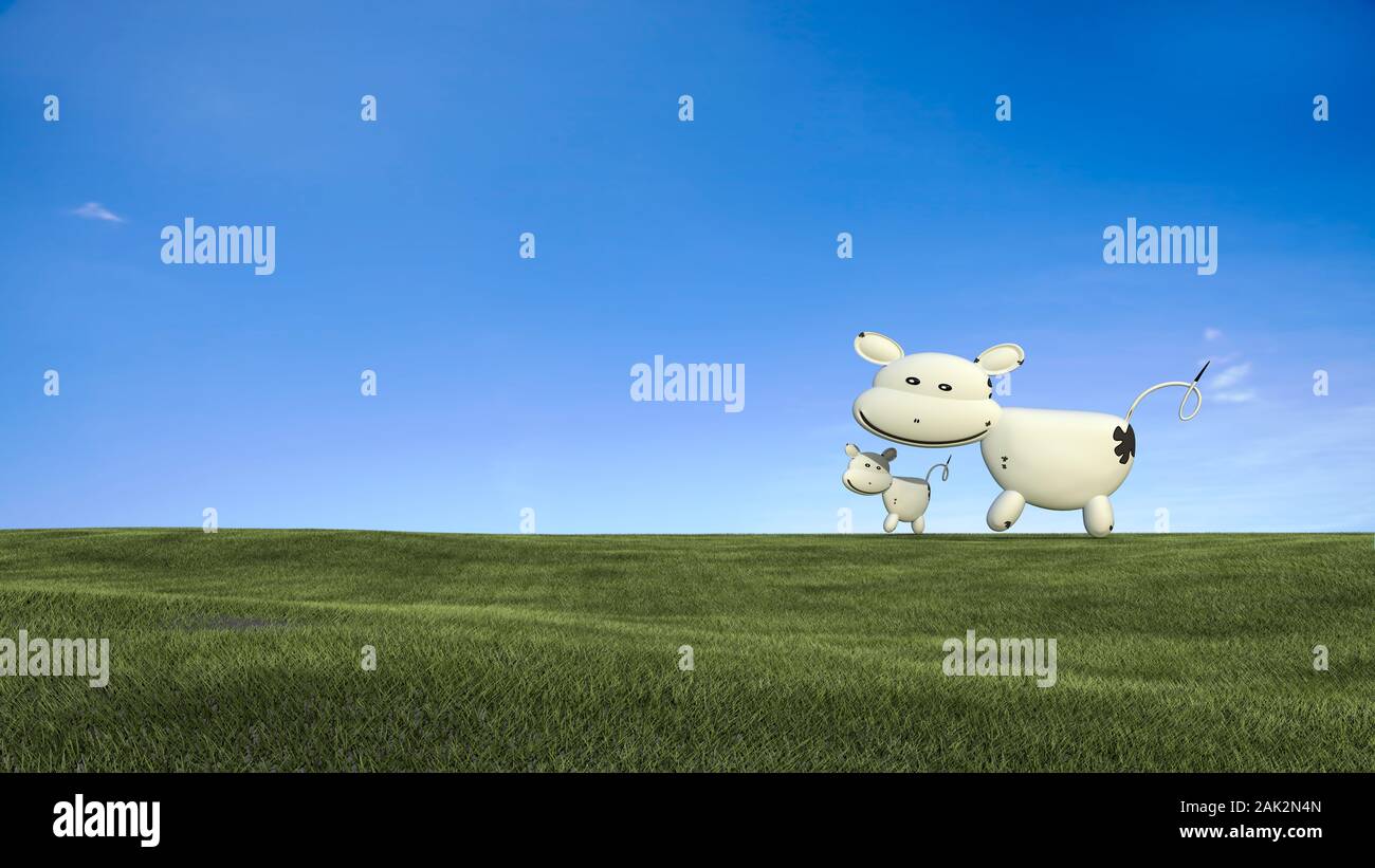 The 3d rendering of Cow. A beautiful cow in a green field or pasture ...