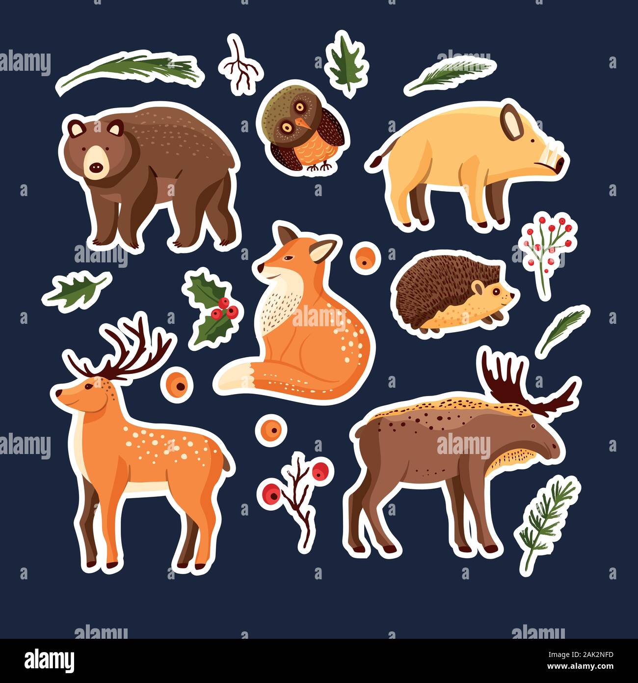 Hand drawn forest animal vector set in a flat style. Woodland cartoon ...