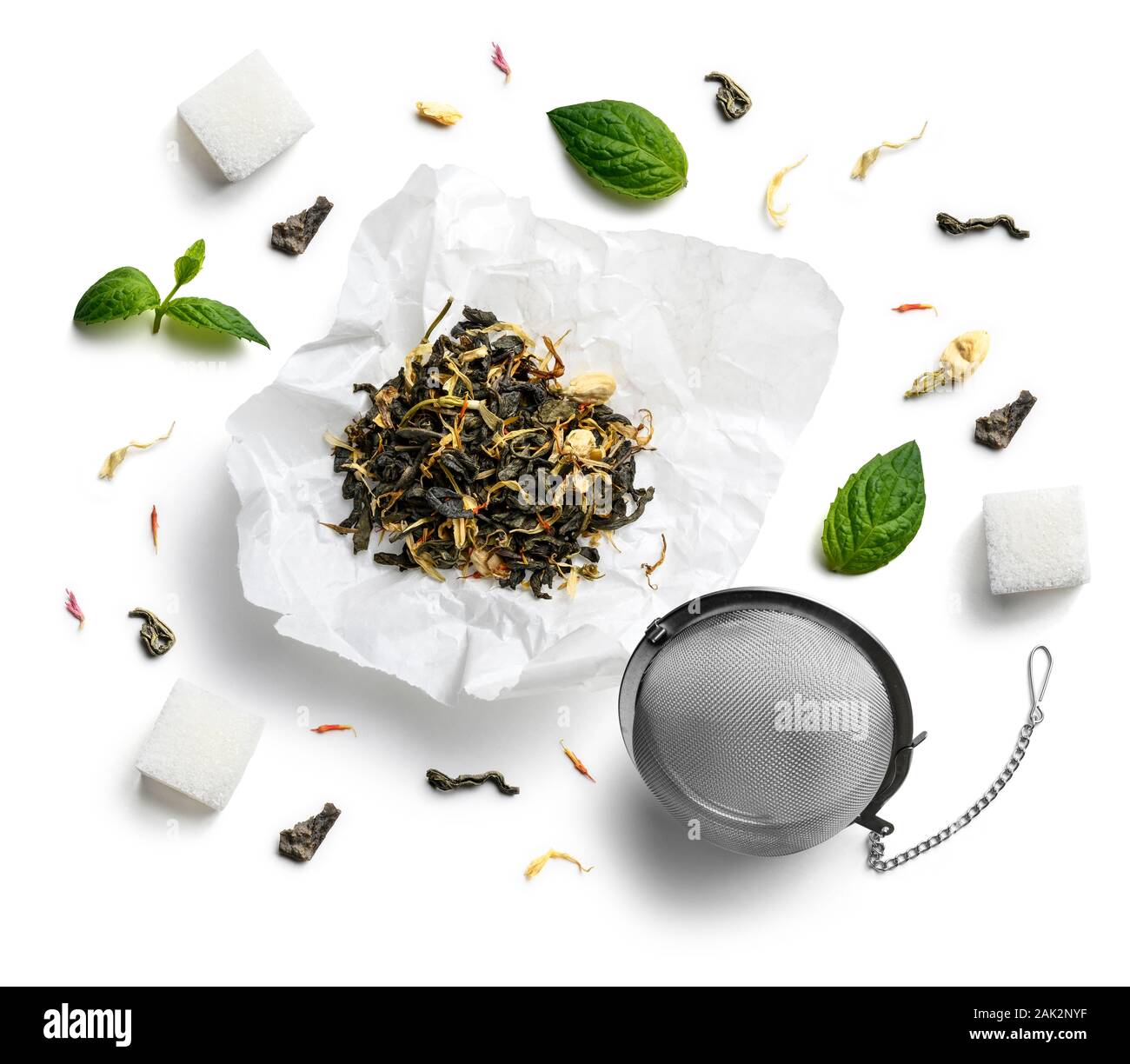 Green tea with natural aromatic additives. Top view on white background ...