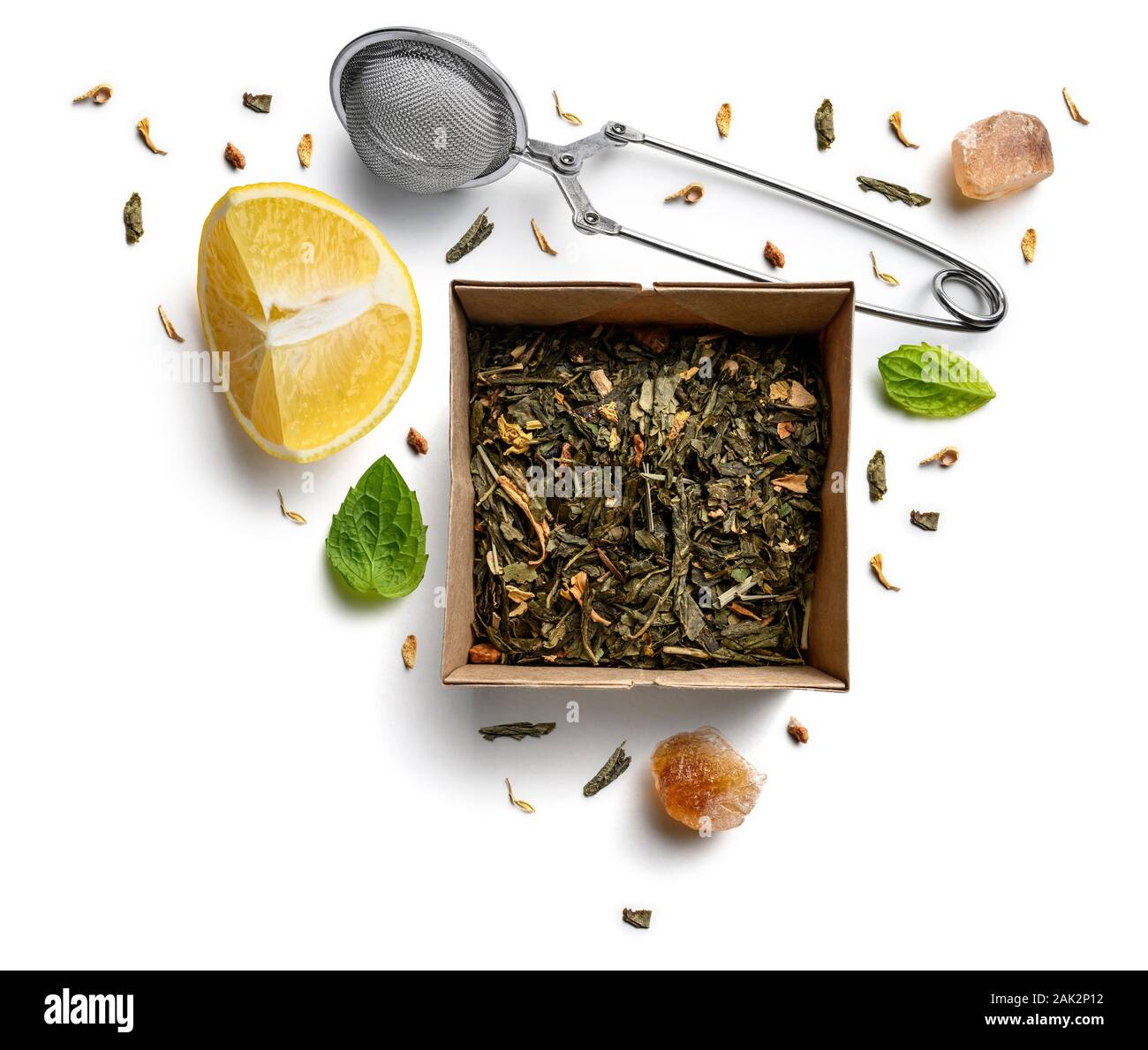 Green tea with natural aromatic additives. Top view on white background ...