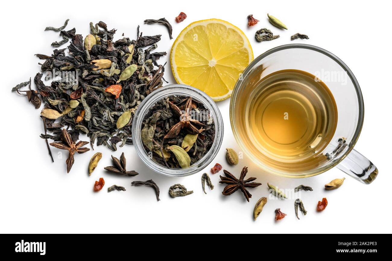 Green tea with natural flavors and a cup. Top view on white background ...