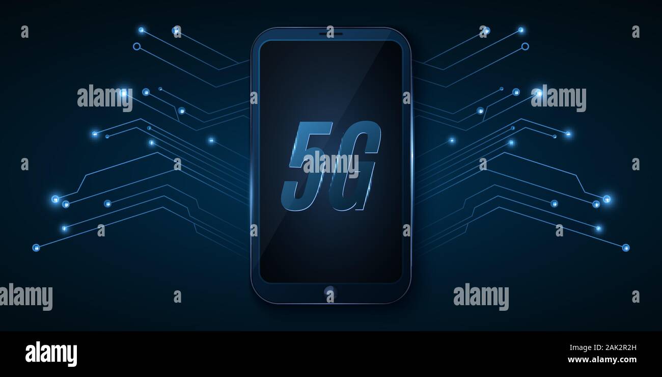 5G global network. High tech design. Modern smartphone with high speed ...
