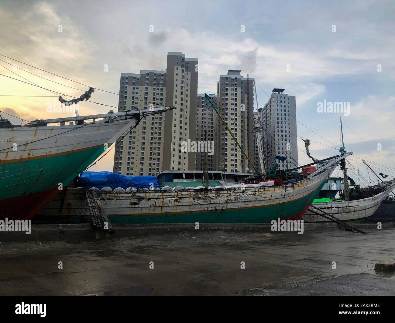 JAKARTA, INDONESIA, JANUARY 7 2020 : Traditional industrial port with ...