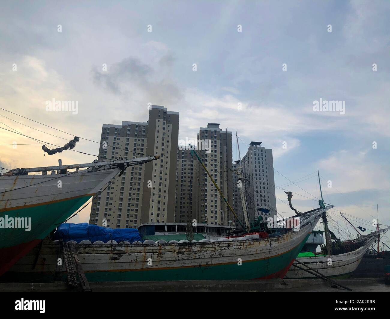 JAKARTA, INDONESIA, JANUARY 7 2020 : Traditional industrial port with ...