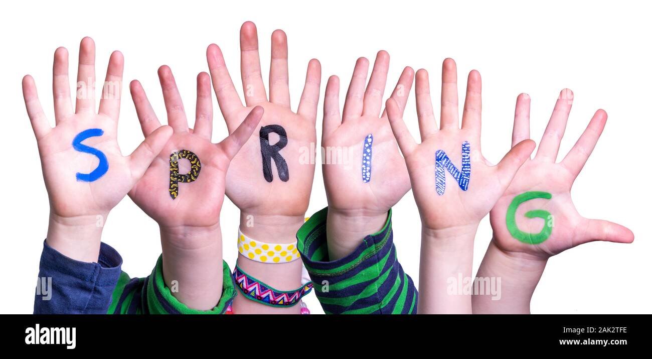 Children Hands Building Colorful Word Spring. Isolated White Background ...