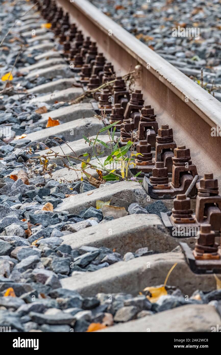 Old rusty nuts fastening a rail rail closeup Stock Photo - Alamy