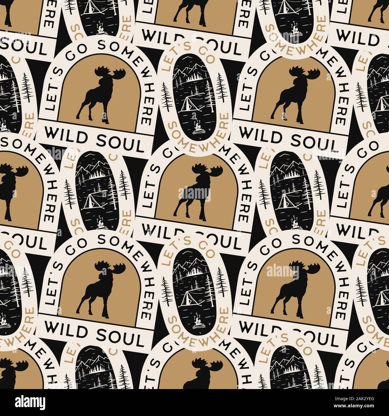 Camping seamless pattern with mountain forest labels badges. Wild soul ...
