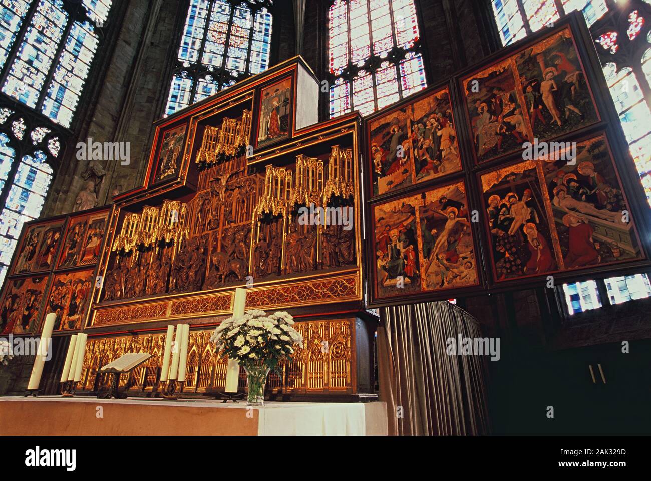 Interior view with winged altar in the evangelic church St. Reinoldi in ...