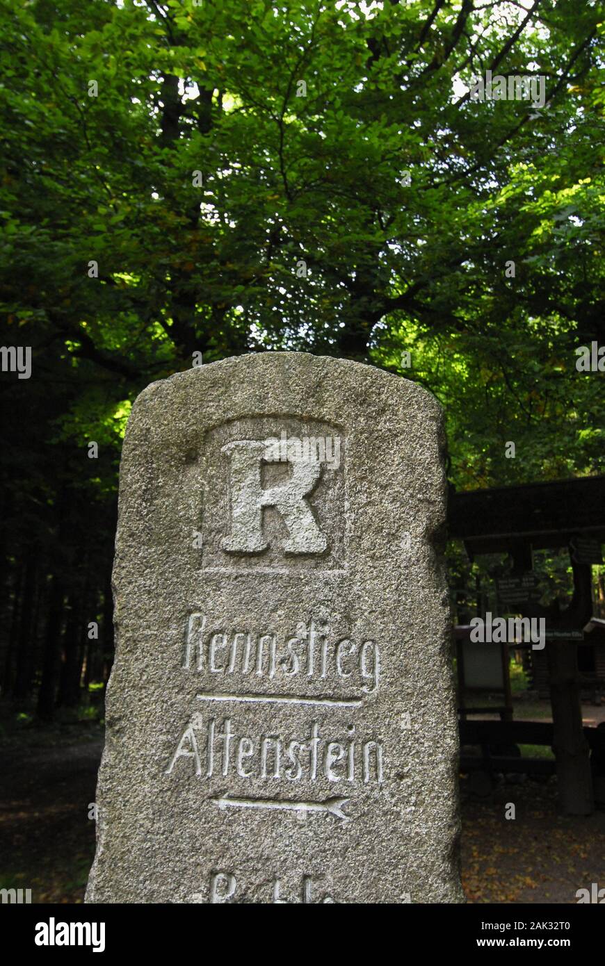 A marker on the Rennsteig in the Thuringian Forest, Germany, to the ...