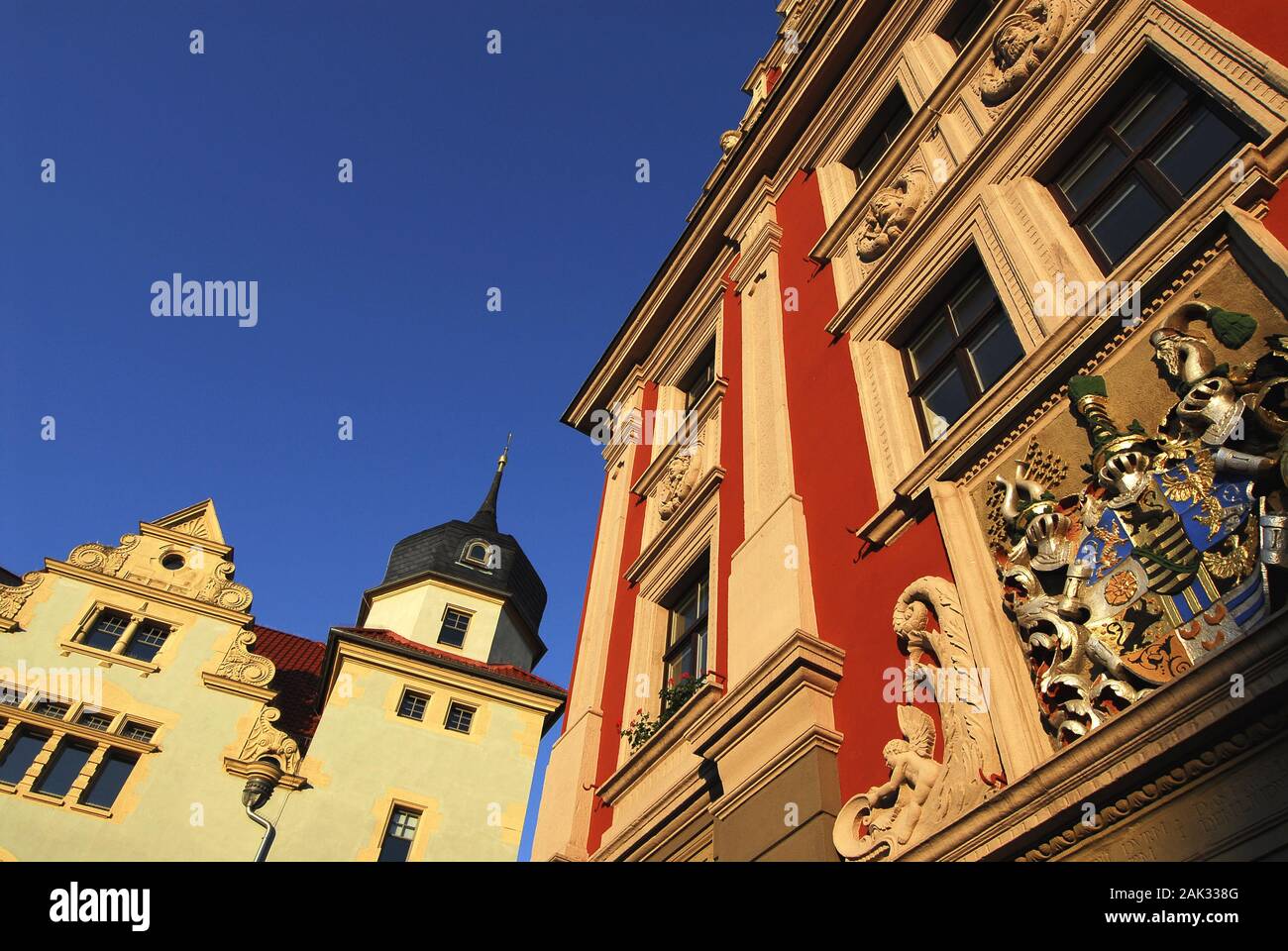 The rich decorated city hall at the market place in Gotha, Germany ...
