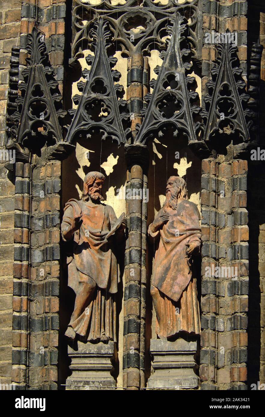 Sculptures can be seen at a gable of the St. Catherine's church in ...
