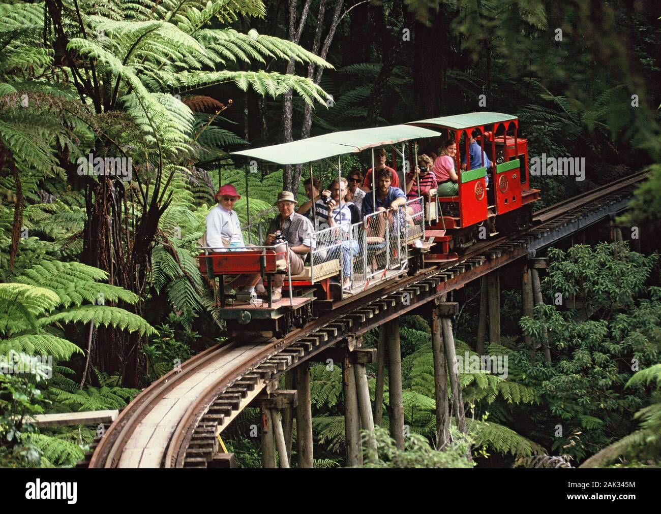 Tourists sitting in the Driving Creek Railway and driving through a ...