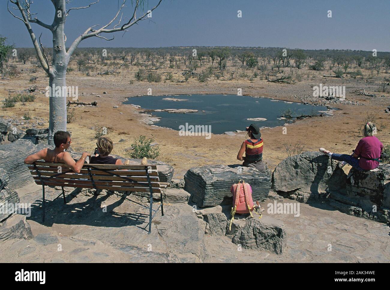 Tourists near a water place at the camp Halali in the Etosha National ...