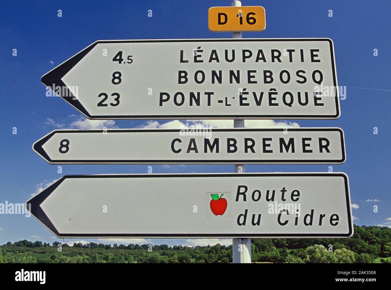 Road signs help to find the way to the Route du Cidre, Cider Route, in ...