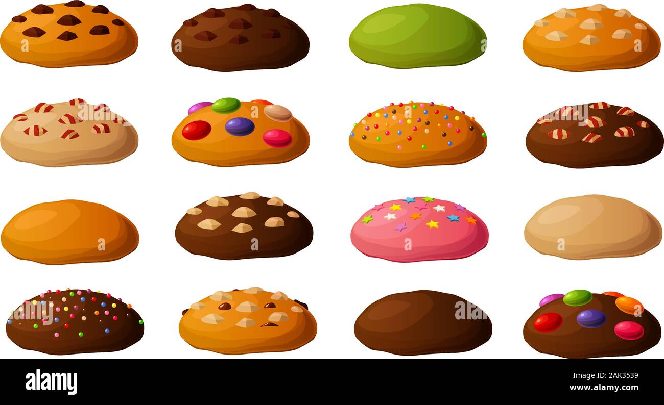 Vector illustration of various cookies with toppings isolated on white ...