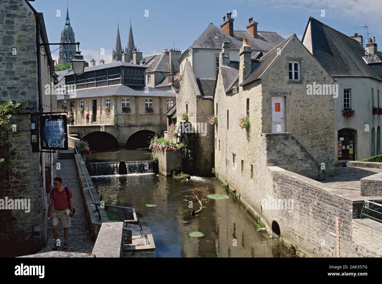 View of a water mill at the river Aure in Bayeux in the Calvados ...