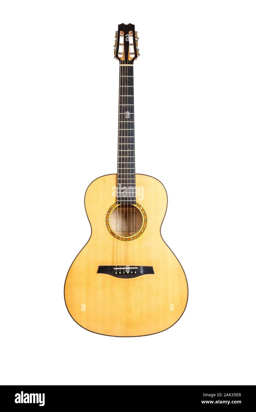 wood texture of lower deck of six strings acoustic guitar on isolated ...