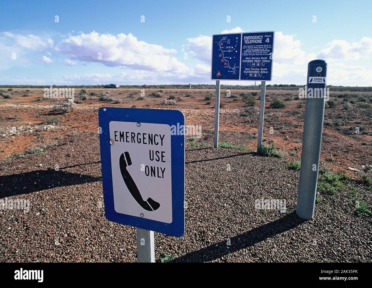 View of an emergency telephone at the Stuart Highway in the Outback of ...