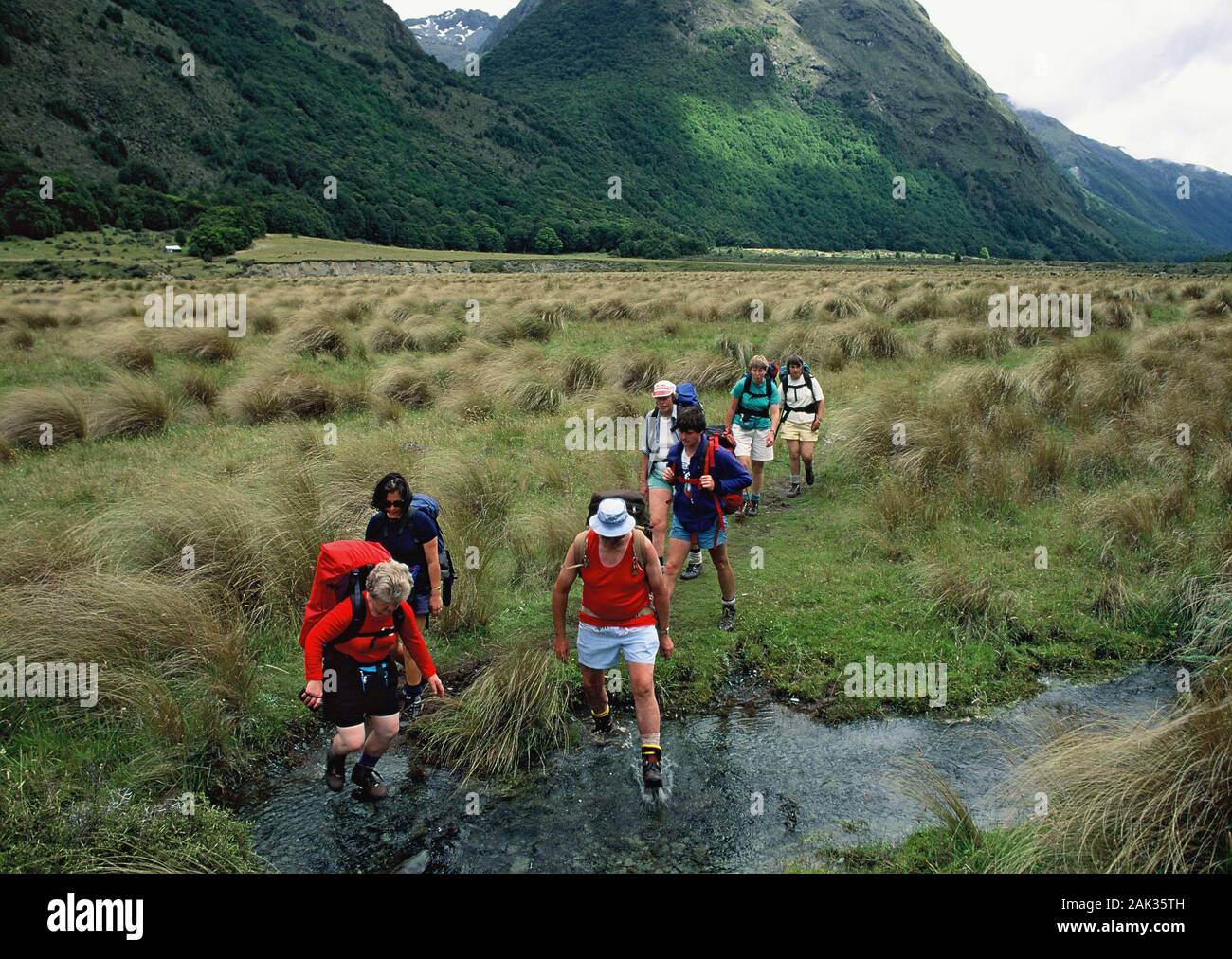 Hikers crossing on eof the several creeks which cross the old Maori ...