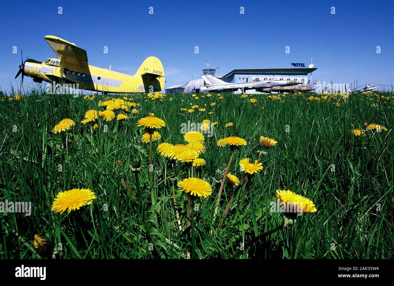 View of a small yellow airplane on a flower field in Lithuania ...
