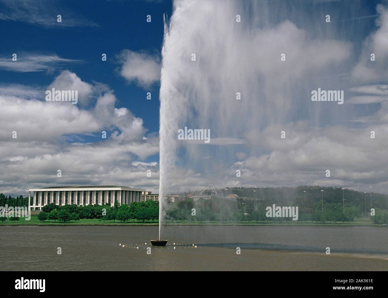 View of the fountain Captain Cook memorial water jet located on the Lake Burley Griffin in front ...